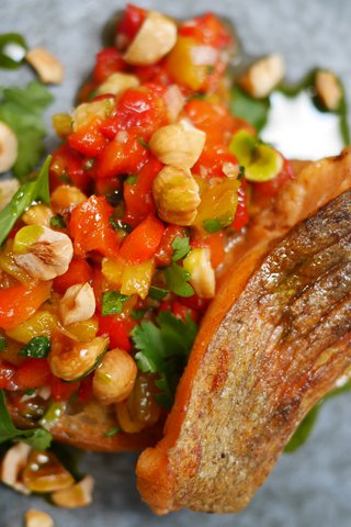 Pan-fried Cajun trout fillet with red pepper & hazelnut salsa | Marine ...